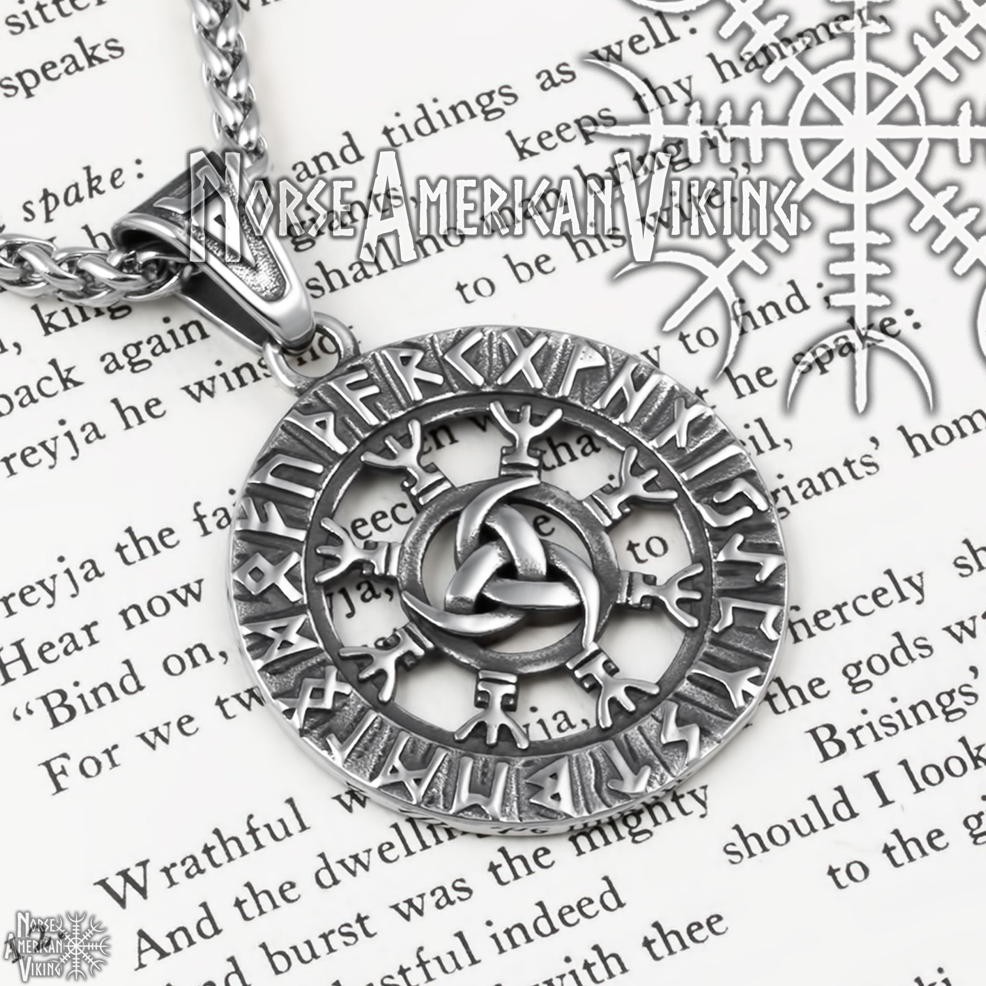 Viking Triple Horn Rune Helm of Awe Stainless Steel Pendant Necklace ...